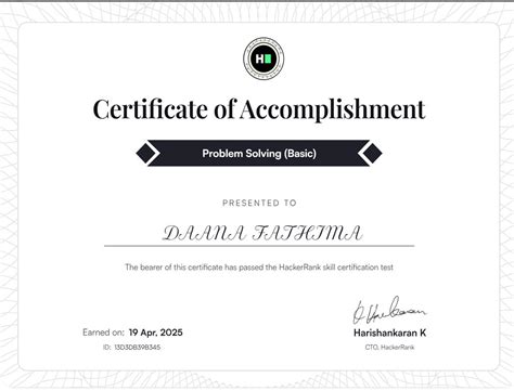 🎉 Successfully Completed The Basic Problem Solving Certification From Hackerrank Demonstrating