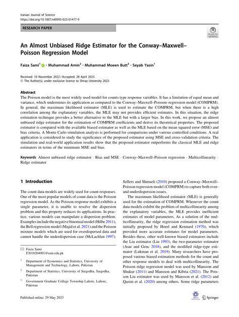 Pdf An Almost Unbiased Ridge Estimator For The Conway Maxwell Poisson Regression Model