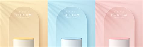 분홍색 노란색 파란색 및 흰색 의 세트는 아치 장면에서 연단을 서 있습니다 기하학적 플랫폼이있는 벡터 추상 스튜디오 룸 제품 쇼케이스 프로모션 디스플레이를 위한 최소한의 벽