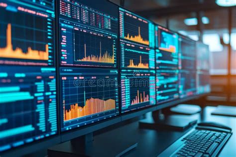 A Hightech Workstation Displaying Multiple Data Graphs And Analytics On Large Monitors In A