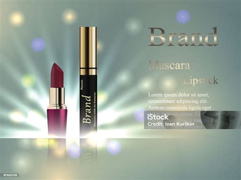 화장품 마스카라 하 고 광선과 빛의 관광 명소와 섬세 한 배경에 립스틱 디자인 광고 배너 현실적인 3 차원 벡터 3차원 형태에