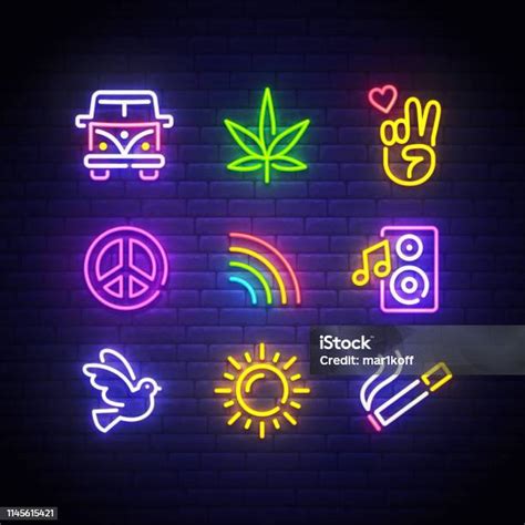 히피 아이콘을 설정 합니다 히피 네온 사인 밝은 간판 빛 배너입니다 네온 고립 된 아이콘 엠 블 럼 히피 자동차 대마초 승리의
