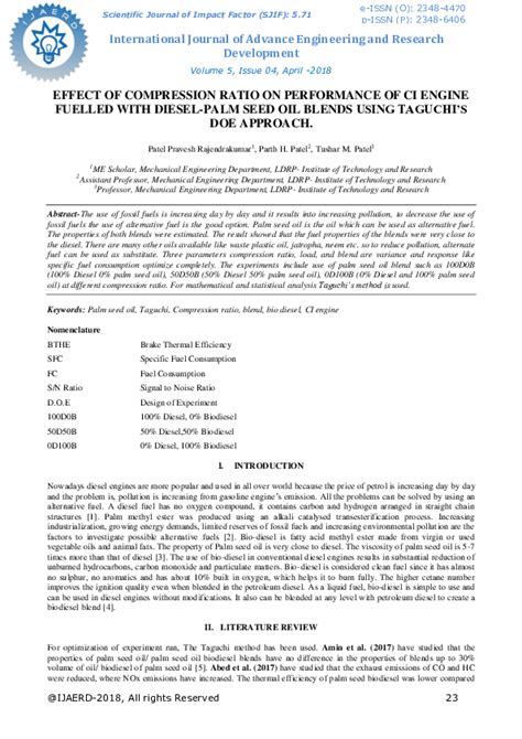 Pdf Effect Of Compression Ratio On Performance Of Ci Engine Fuelled With Diesel Palm Seed Oil