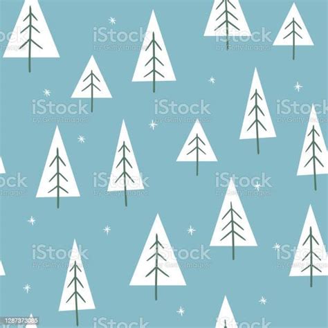 추상적 인 크리스마스 트리와 눈송이와 원활한 겨울 패턴 벡터 크리스마스 그림 스칸디나비아 스타일 패턴 직물 포장지 벽지의 디자인을 위해 크리스마스 트리에 대한 스톡 벡터
