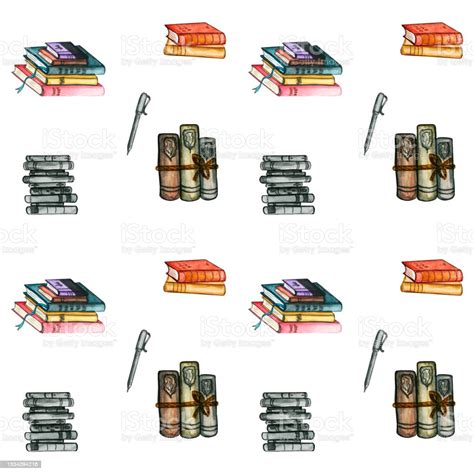 매끄러운 패턴 빈티지 종이 및 쓰기 잉크 병 원활한 패턴 흰색 배경에 고립 된 책과 도서관 개체의 빈티지 다양한 구식 세트와 원활한 패턴 0명에 대한 스톡 벡터 아트 및