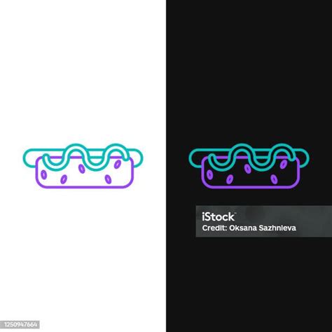 흰색과 검은 색 배경에 고립 된 겨자 아이콘과 녹색과 보라색 라인 핫도그 샌드위치 소시지 아이콘 길거리 패스트푸드 메뉴 벡터 일러스트레이션 가공육에 대한 스톡 벡터 아트 및