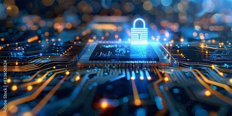 Abstract Blue Microchip With Lock Symbol Represents Endpoint Security Measures For Data
