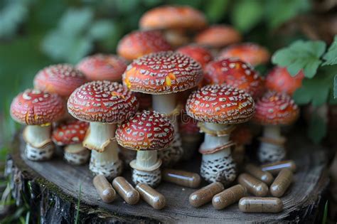 Group Of Mushrooms On Tree Stump Generative AI Stock Illustration