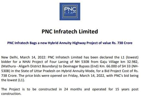 Pnc Infratech Bags A New Hybrid Annuity Highway Project Of Value Rs 738 Crore Pnc Infratech