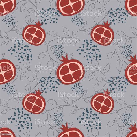 파란색 배경 과일 매끄러운 패턴에 붉은 가넷 선형 잎과 색방울이 있는 무한한 패턴의 벡터 그림입니다 평평한 선형 스타일로 잘