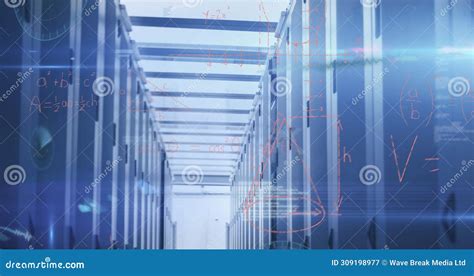 Image Of Data Processing And Mathematical Equations Against Computer Server Room Stock Image