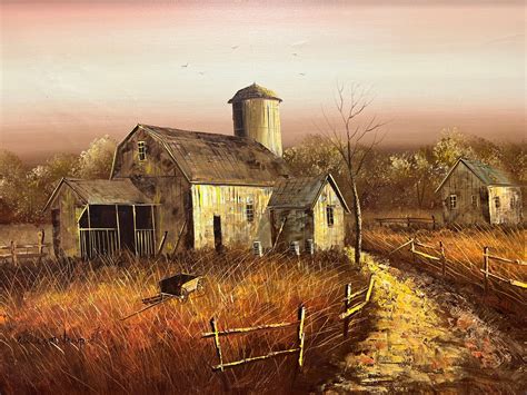 Vintage Rustic Barn Oil Painting Of An Autumn Scene In Wooden Frame