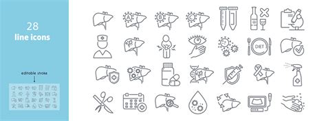 벡터 라인 아이콘 세트 는 Hepatitis And Liver Diseases와 관련이 있습니다 간 질환의 원인 증상 예방 및 치료 벡터 일러스트 레이 션 편집 가능한