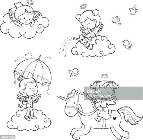 แองเจิลเด็กชุดระบายสี ภาพประกอบสต็อก ดาวน์โหลดรูปภาพตอนนี้ กลุ่ม คำอธิบาย การบิน