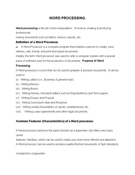 Word Processing Notes Word Processing Word Processing Is The Art Of Text Manipulation It