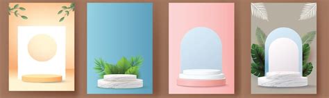 쇼케이스 녹색 배경 추상에 대 한 3d 기하학적 연단 모형 잎 열 대 자연 개념 프리미엄 벡터