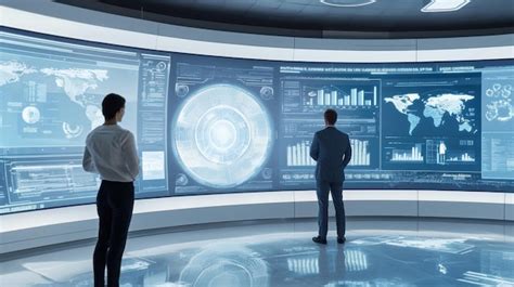 Business Professionals Analyzing Data On Large Digital Screens In A Modern Control Room
