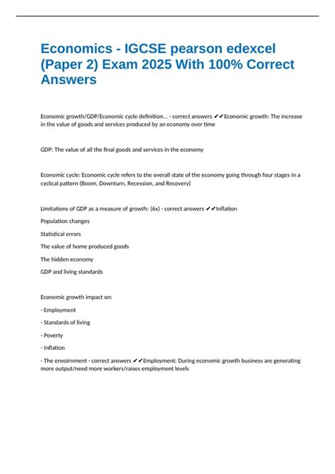 Economics Igcse Pearson Edexcel Paper 2 Exam 2025 With 100 Correct Answers Economics