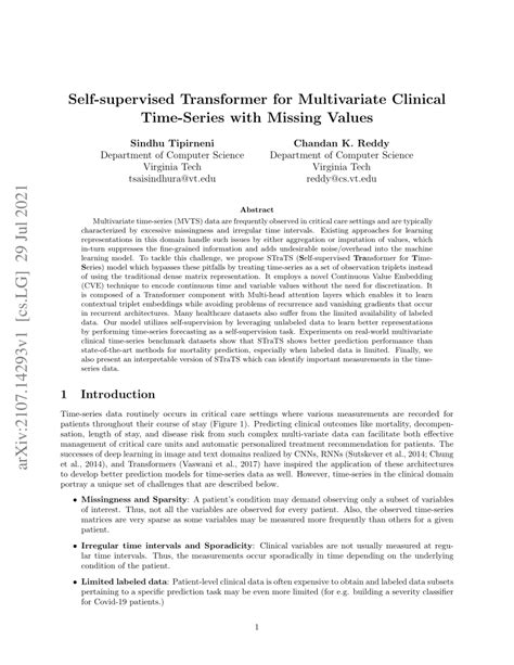 Pdf Self Supervised Transformer For Multivariate Clinical Time Series