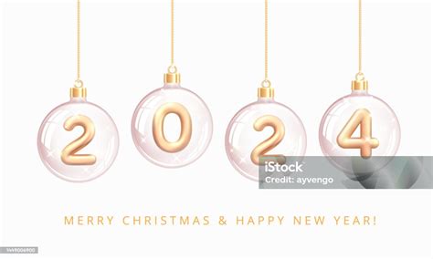 2024년 새해 복 많이 받으세요 골드 번호 2024가 있는 황금 체인 투명 유리 크리스마스 공에 매달려 있습니다 휴일 플래 카드 포스터 배너 표지 현실적인 3d 벡터 그림