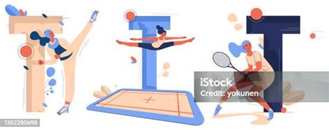 스포츠 편지 T 컬렉션 여성 훈련 테니스 선수 트램폴린 점퍼 흰색 배경에 고립 된 태권도 전투기 건강한 라이프 스타일과 활동적인 삶의 태도 테니스에 대한 스톡 벡터 아트 및