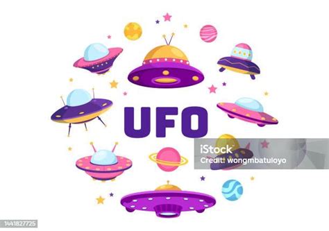 하늘 밤 도시 전망에서 빛의 광선과 평면 만화 손으로 그린 템플릿 그림에 외계인과 함께 Ufo 비행 우주선 과학에 대한 스톡 벡터 아트 및 기타 이미지 Istock