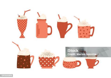 거품 커피 코코아 또는 파이프가있는 우유 칵테일 초콜릿 뿌리기 및 체리가있는 뜨거운 음료 컬렉션 0명에 대한 스톡 벡터 아트 및