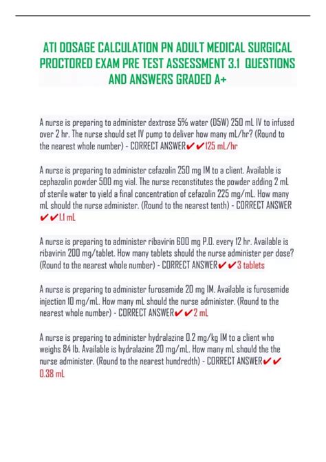 Ati Dosage Calculation Pn Adult Medical Surgical Proctored Exam Pre Test Assessment 3 1