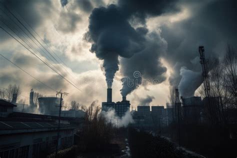 Toxic Cloud Of Pollution Hanging Over Factory With Visible Effects On The Environment Stock