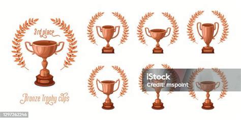 월계수 화환이 있는 브론즈 트로피 컵 트로피 어워드 컵은 다양한 모양으로 설정 3 위 우승자 트로피 만화 스타일 벡터 일러스트레이션 1에 대한 스톡 벡터 아트 및 기타