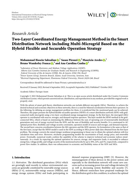 Pdf Two Layer Coordinated Energy Management Method In The Smart Distribution Network Including