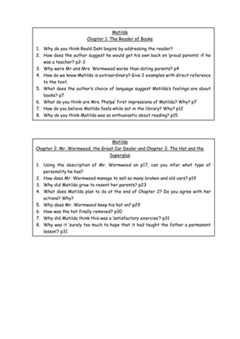 Matilda By Roald Dahl Reading Comprehension Teaching Resources
