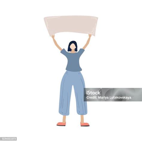 여자는 빈 포스터를 들고 있다 여성 시위자 또는 활동가 평면 만화 다채로운 벡터 일러스트 레이션입니다 폭력 오염 비난 와만 인권