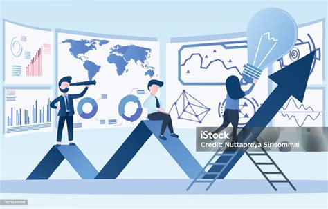 화살표로 다양한 활동을 하는 사업가들 전략적 계획 혁신 데이터 분석 및 목표 달성 개념에 대한 스톡 벡터 아트 및 기타 이미지