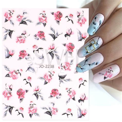 Badu Bg 3d акварелни цветя Стикери за нокти Геометрични флорални линии