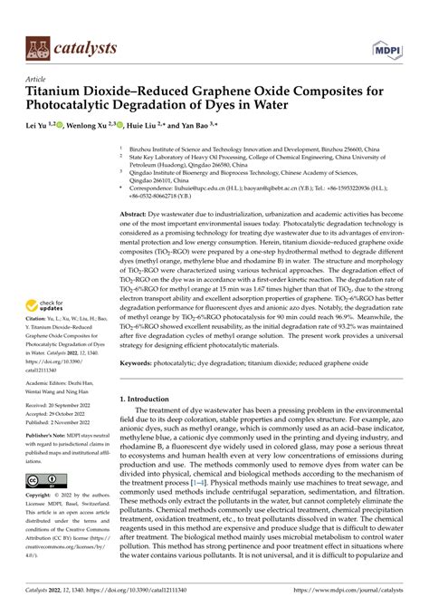 Pdf Titanium Dioxide Reduced Graphene Oxide Composites For Photocatalytic Degradation Of Dyes