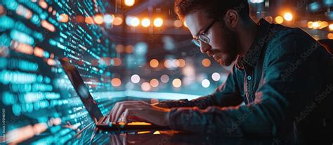 the double exposure image of the businessman using a laptop overlay with source code and