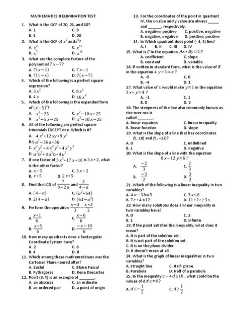 Mathematics 8 Elimination Test Pdf Equations Cartesian Coordinate System