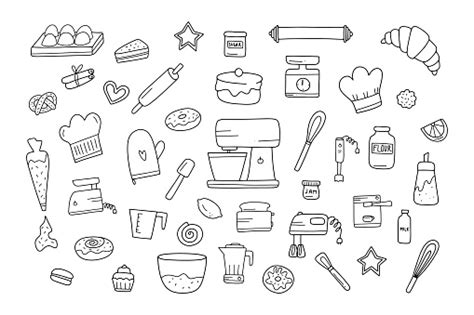 베이킹 및 조리 장비가있는 손으로 그린 템플릿 낙서 스케치 스타일 일러스트레이션 오븐에 굽기에 대한 스톡 벡터 아트 및 기타 이미지 오븐에 굽기 낙서 드로잉 아이콘