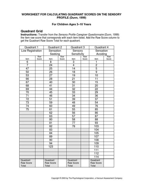 Quadrant Grid Worksheet For Calculating Quadrant Scores On The Sensory Profile Dunn 1999 For