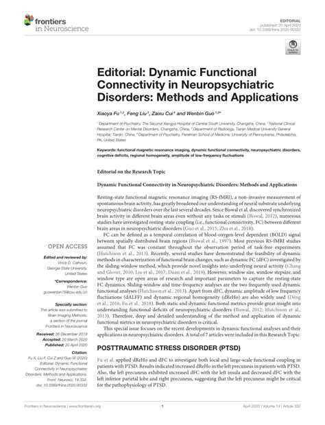 Pdf Editorial Dynamic Functional Connectivity In Neuropsychiatric Disorders Methods And