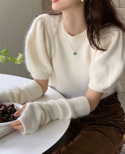 파라다이스키스 퍼프소매 울 반팔 핸드 워머 니트 세트