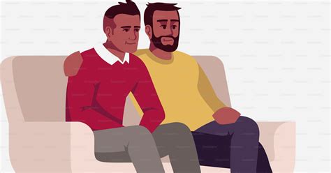 게이 커플은 소파에 앉아 세미 플랫 Rgb 컬러 벡터 그림을 그린다 인물 포용 심리학자 상담 모임을 방문하는 남자들은 흰