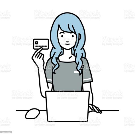 책상에서 노트북 컴퓨터를 사용하고 신용 카드를 들고 있는 에스테틱학자 접수원 여성 공식 리셉션에 대한 스톡 벡터 아트 및 기타 이미지 공식 리셉션 금융 긍정적인 감정