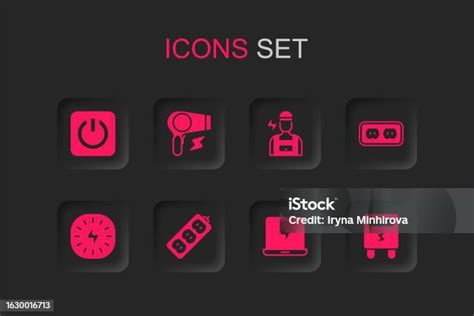 전기 연장 헤어 드라이어 전원 버튼 노트북 전기 콘센트 미터 전기 기사 및 번개 볼트 아이콘을 설정합니다 벡터 0명에 대한 스톡 벡터 아트 및 기타 이미지 Istock