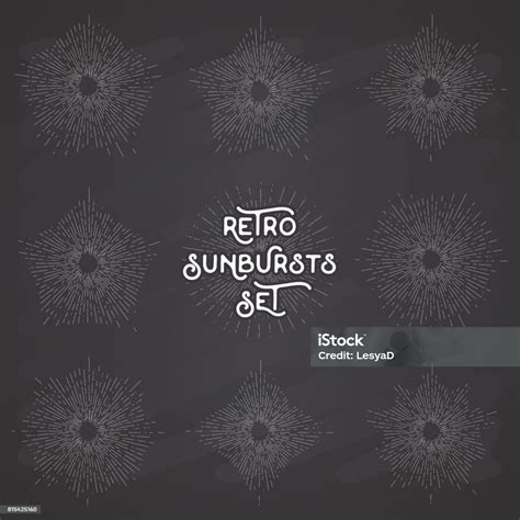레트로 선 버스트 세트 빈티지 빛나는 태양 광선 로고 라벨 또는 엠 블 럼 및 칠판 배경 인쇄 술 장식 서식 파일 벡터 일러스트 레이 션에 대 한 셰이프 컬렉션 고무도장에