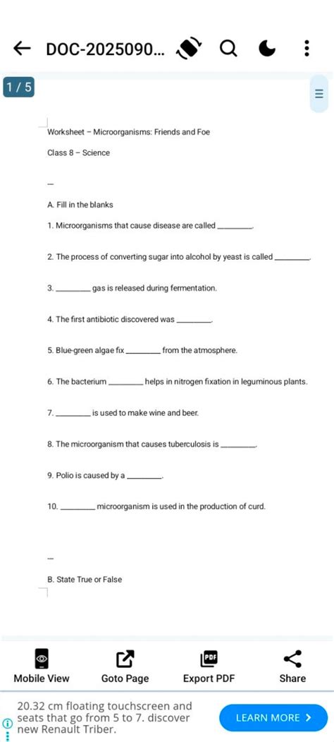 Worksheet Microorganisms Friends And Foe Class 8 Science A Fill In