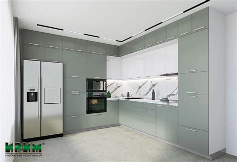 Готова ъглова кухня ИРИМ СИТИ 9127 МДФ Олив мат Бял гланц и Бяло Мебели АРЕНА