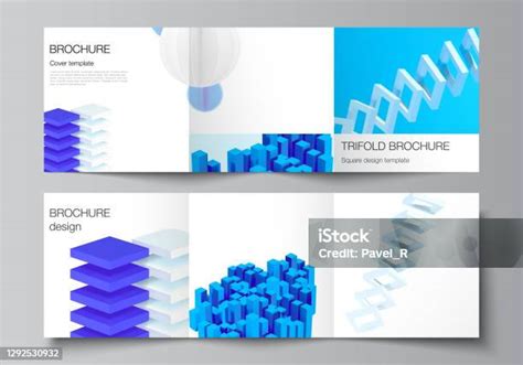 사각형의 벡터 레이아웃은 삼중 브로셔 전단지 잡지 표지 디자인 책 디자인을위한 디자인 템플릿을 다룹니다 동적 사실적인 기하학적 파란색 셰이프가 있는 3d 렌더링 벡터 컴