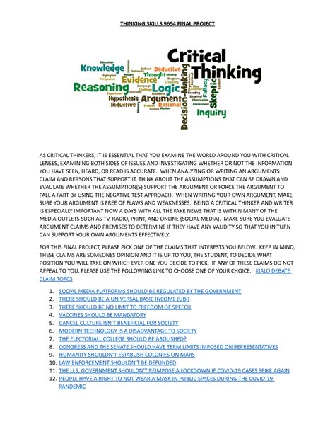 Thinking Skills 9694 Final Project 2 THINKING SKILLS 9694 FINAL PROJECT AS CRITICAL THINKERS